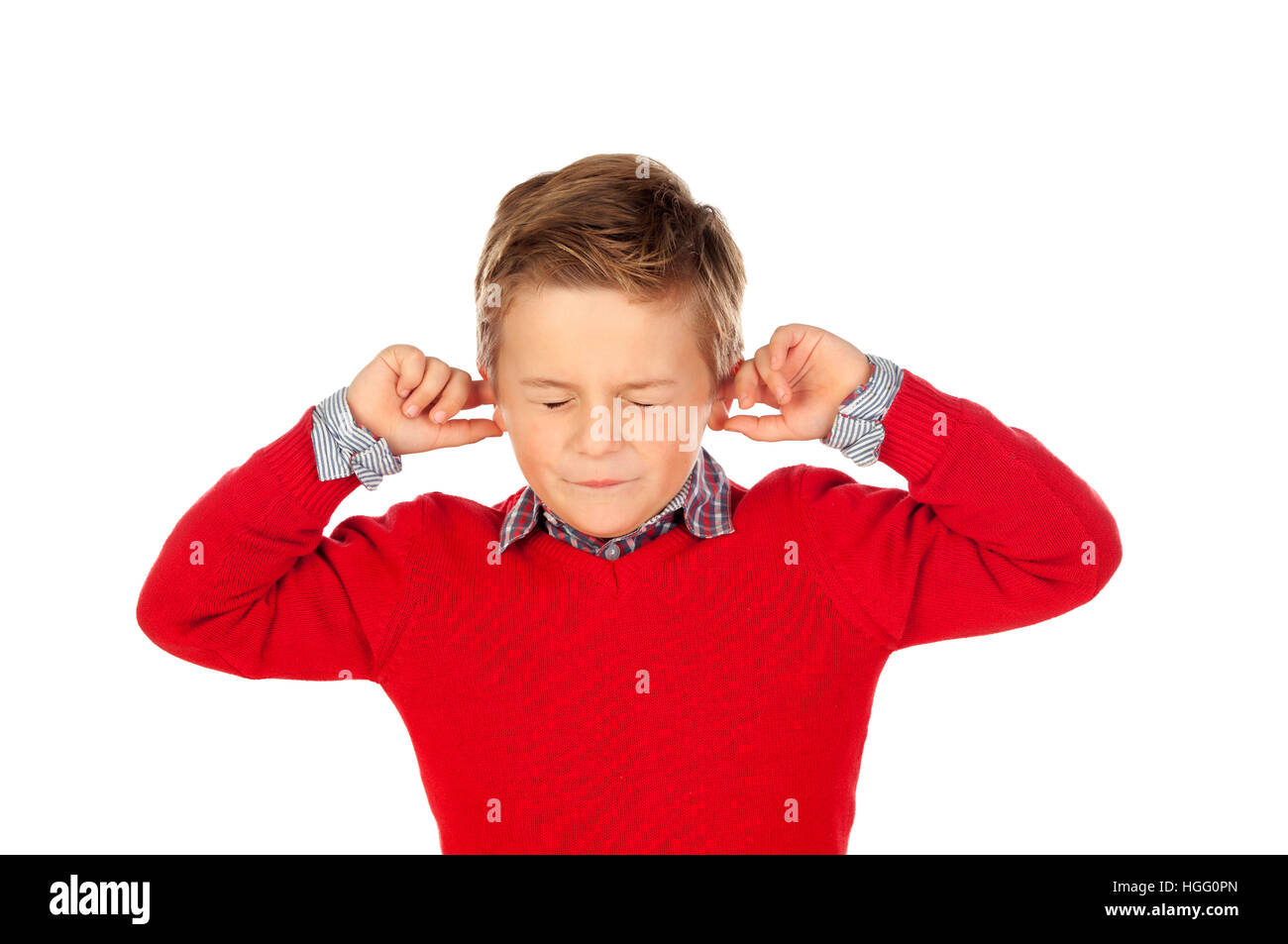 Little kid covering the ears isolated on a white background Stock Photo ...