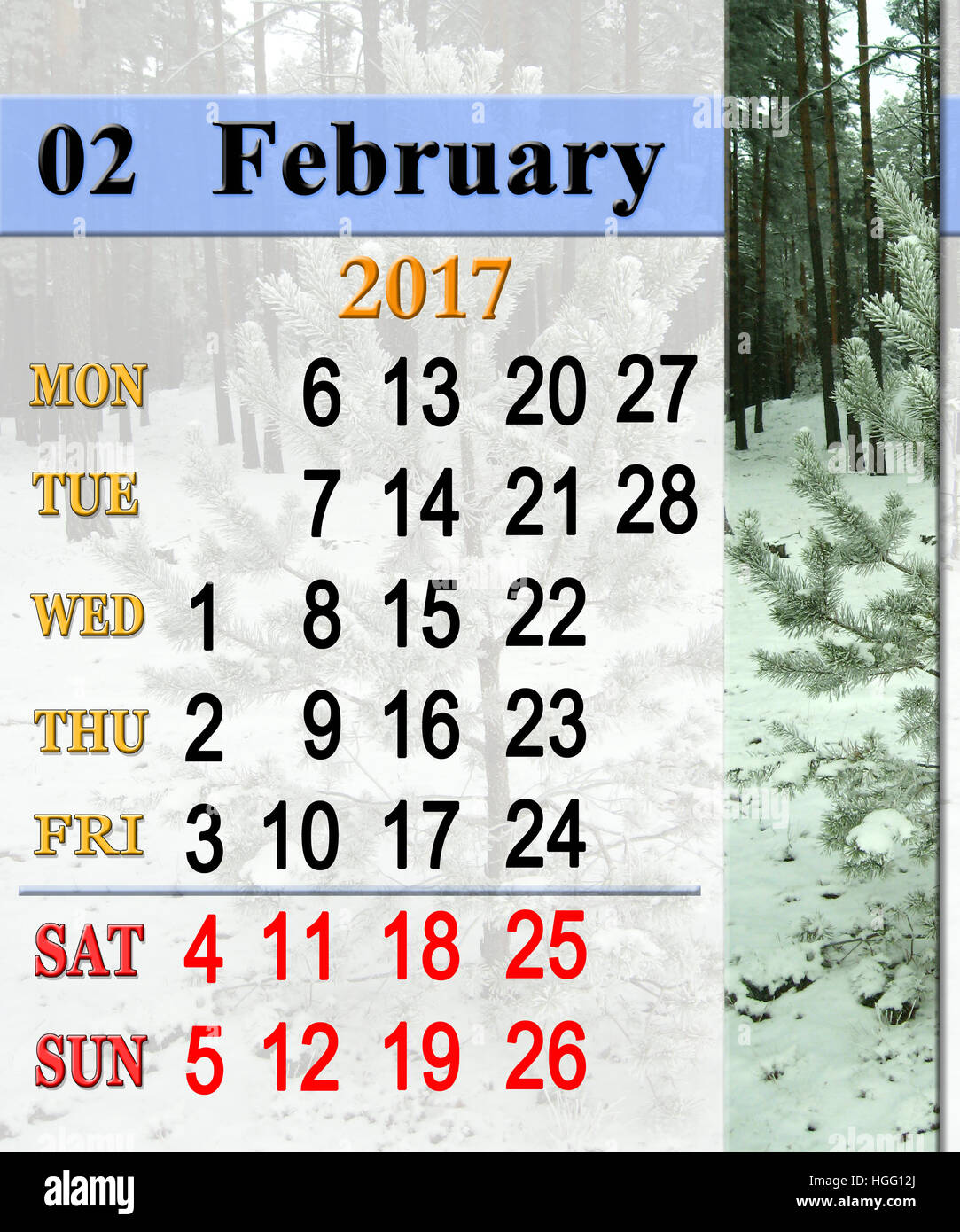 calendar for February 2017 with image of snowy pines. Reminder for ...