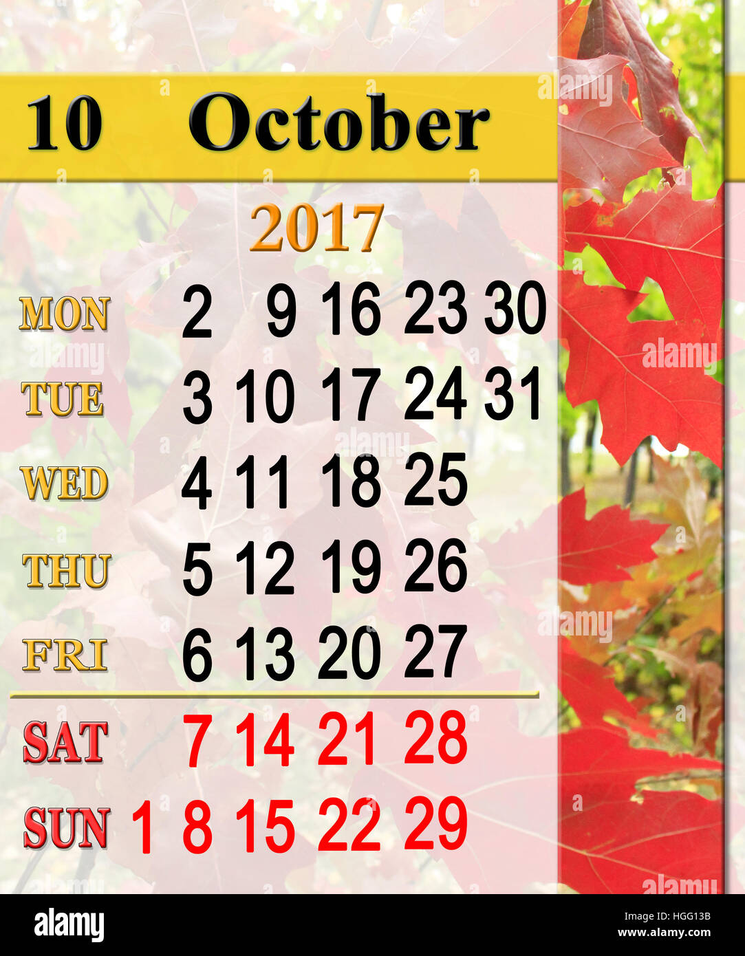 calendar for October 2017 with the ribbon of red oak leaves. Version ...