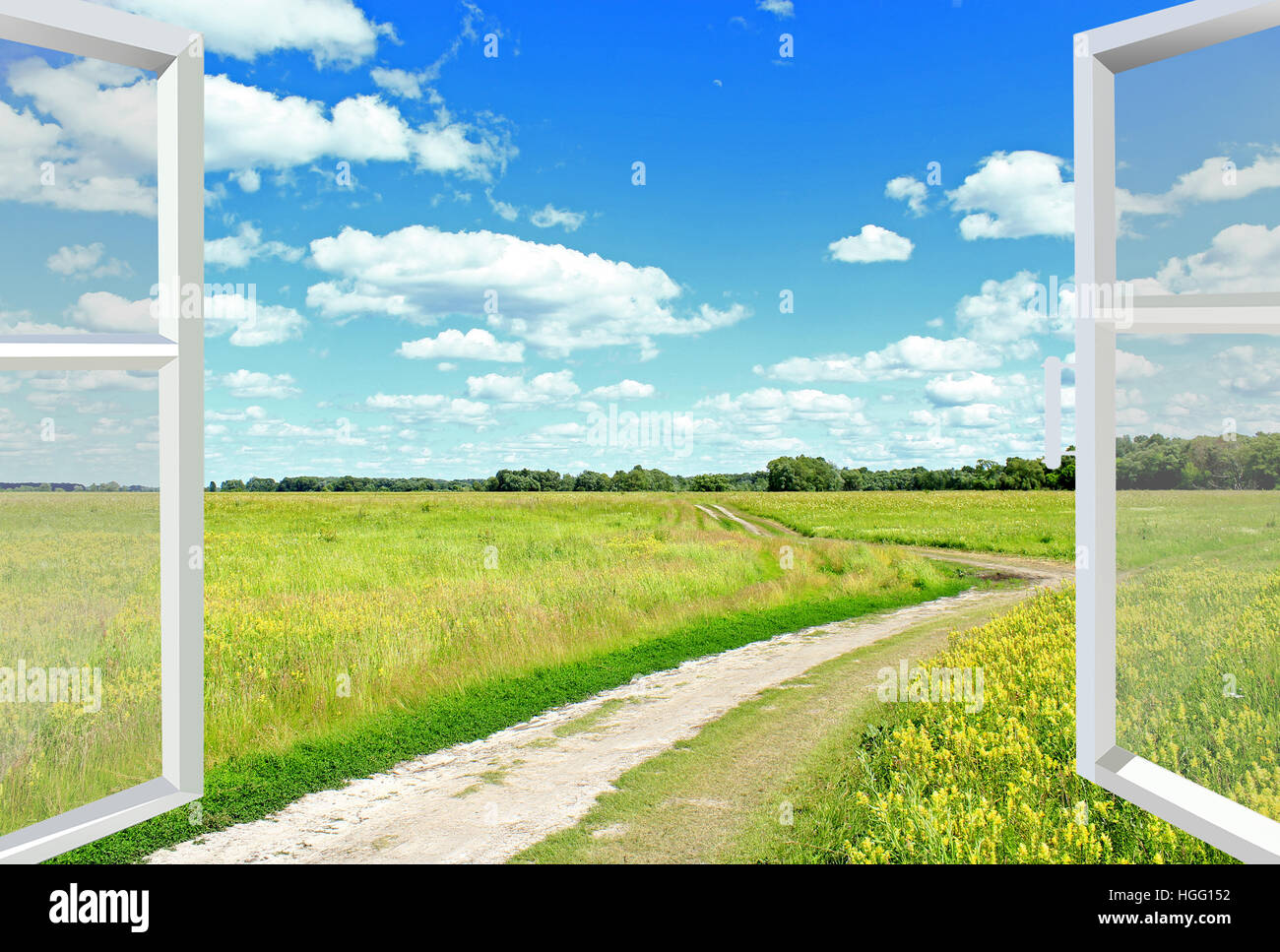opened window to the beautiful summer landscape with country road and ...