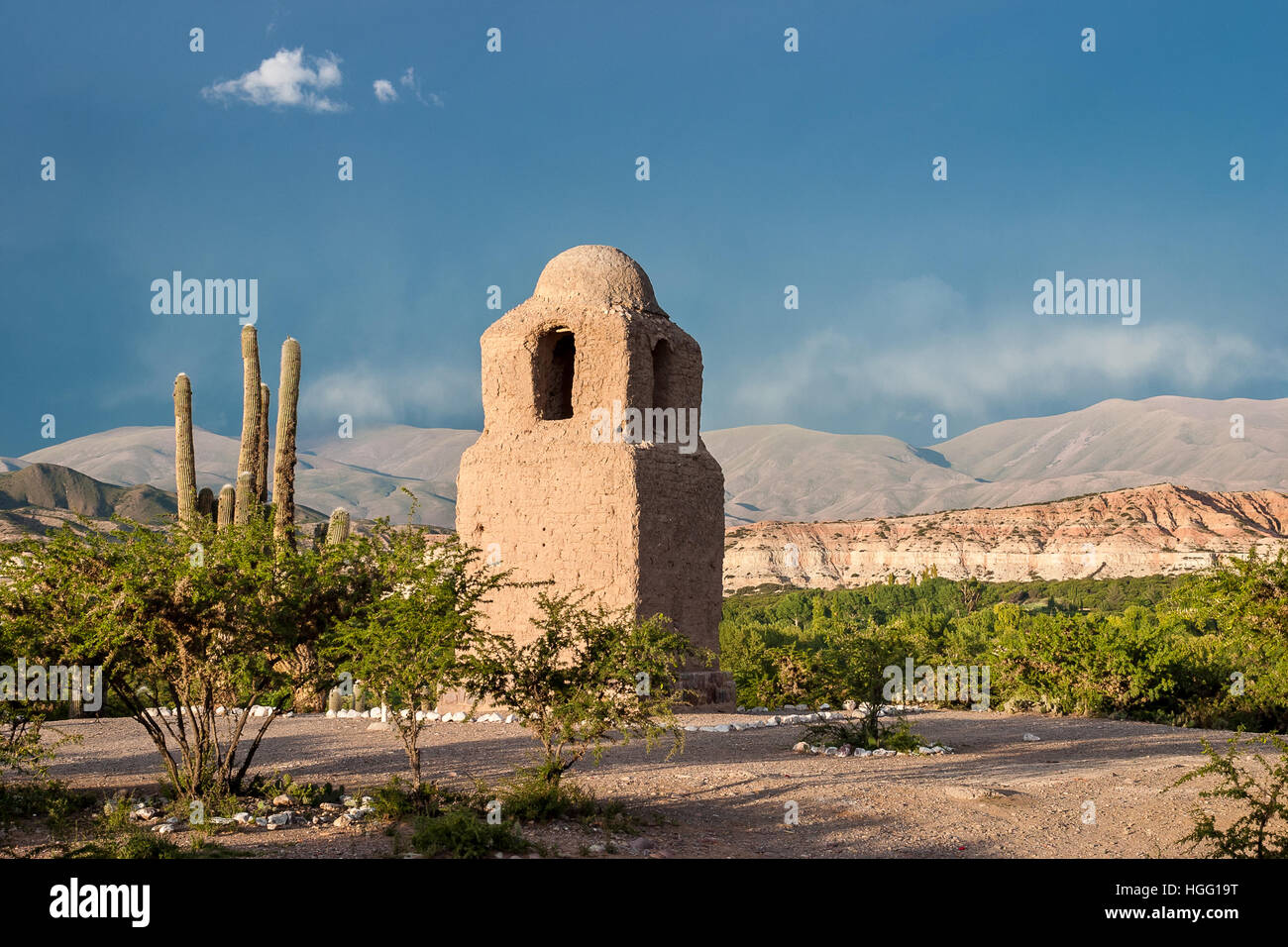 The adobe Saint Barbara tower in Humahuaca town, Jujuy province ...