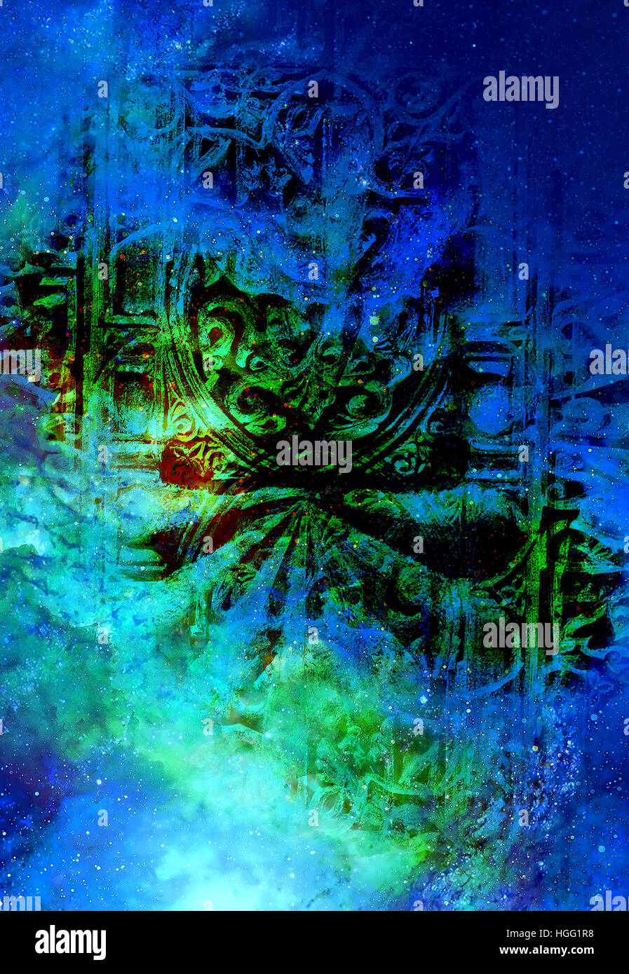 filigrane ornamental structure on abstract cosmic background, collage ...