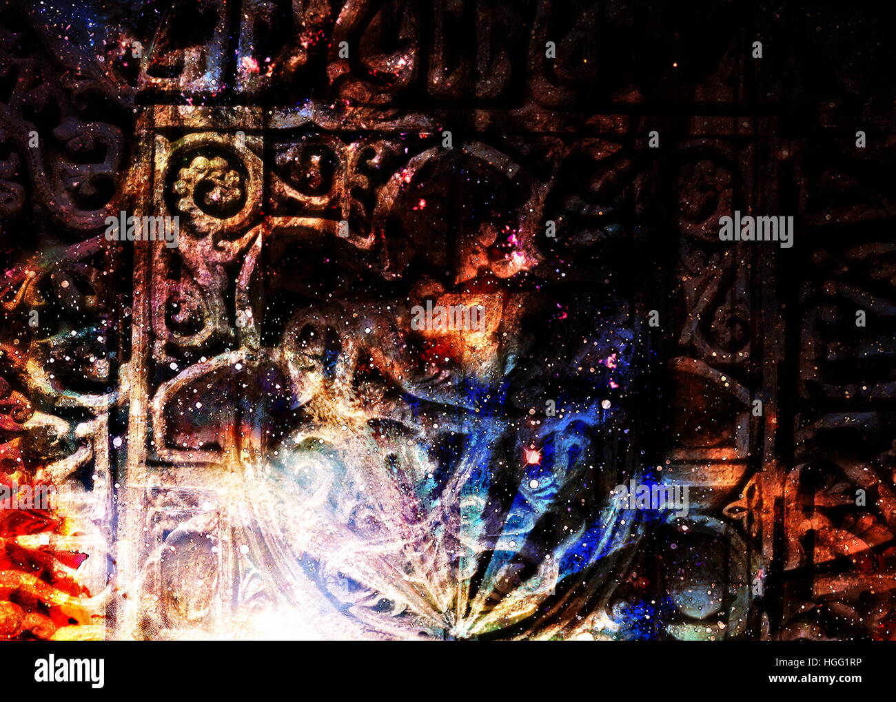 filigrane ornamental structure on abstract cosmic background, collage ...