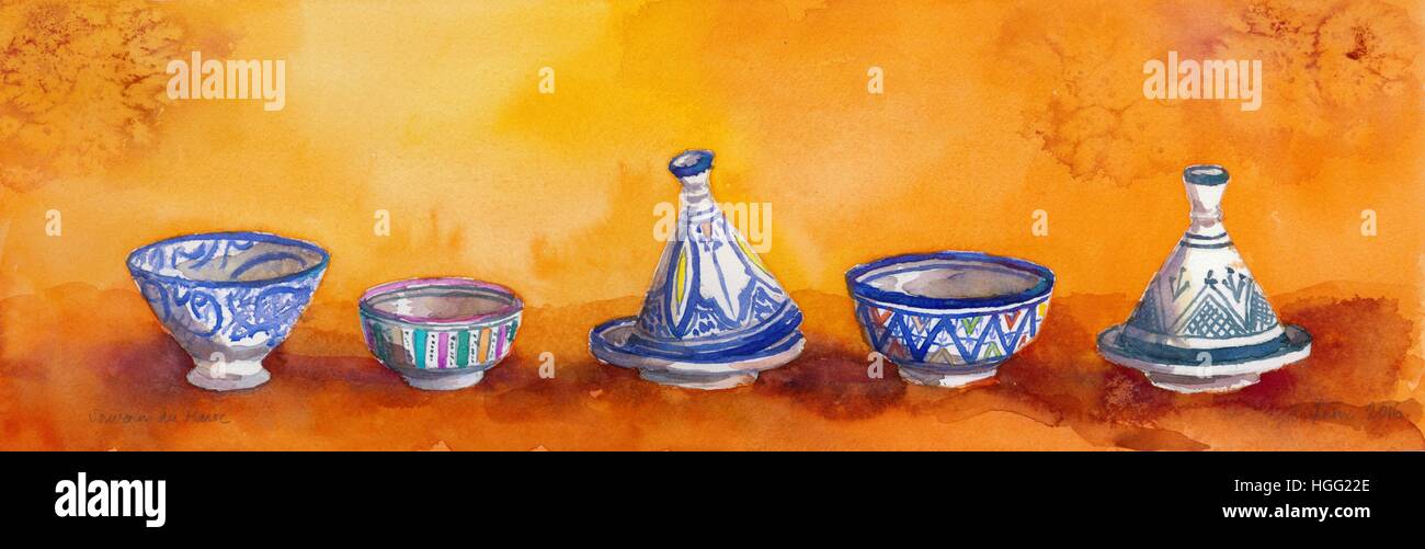 Watercolour still life painting of a row of patterned Moroccan bowls ...