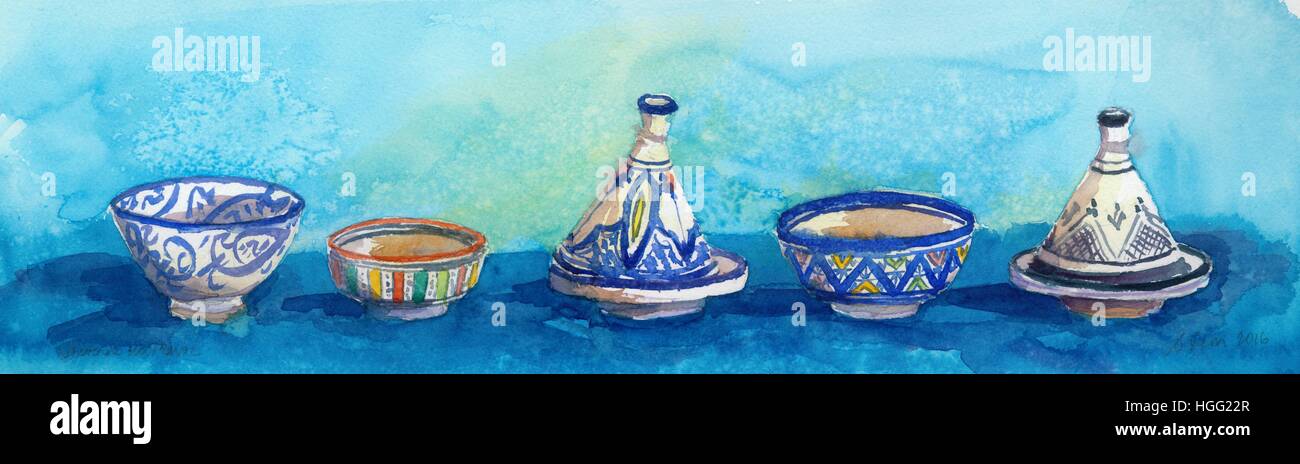 Watercolour still life painting of a row of patterned Moroccan bowls ...