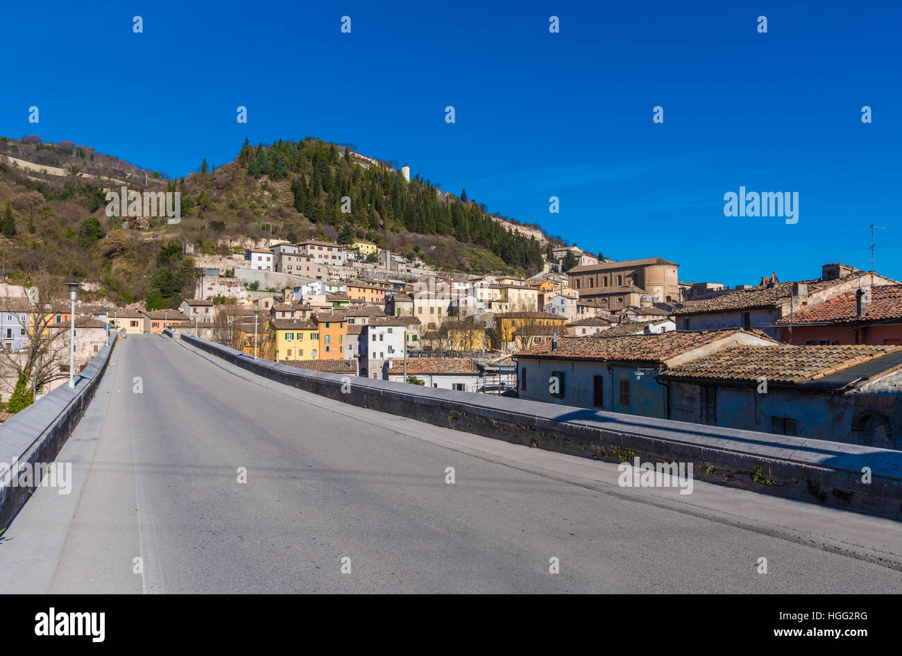 Fossombrone (Italy), a town with river bridge in Marche region with the ...