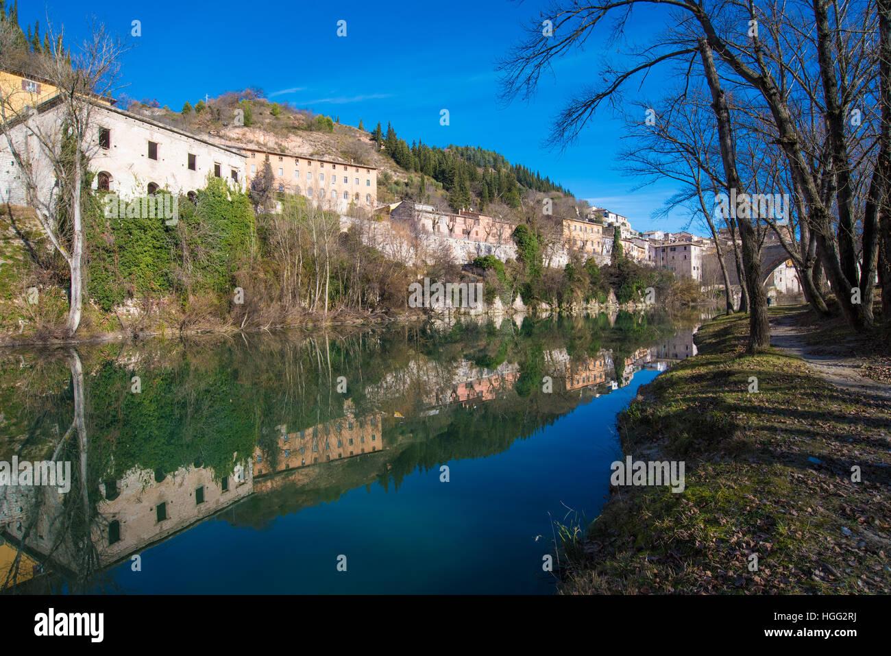 Fossombrone (Italy), a town with river bridge in Marche region with the ...
