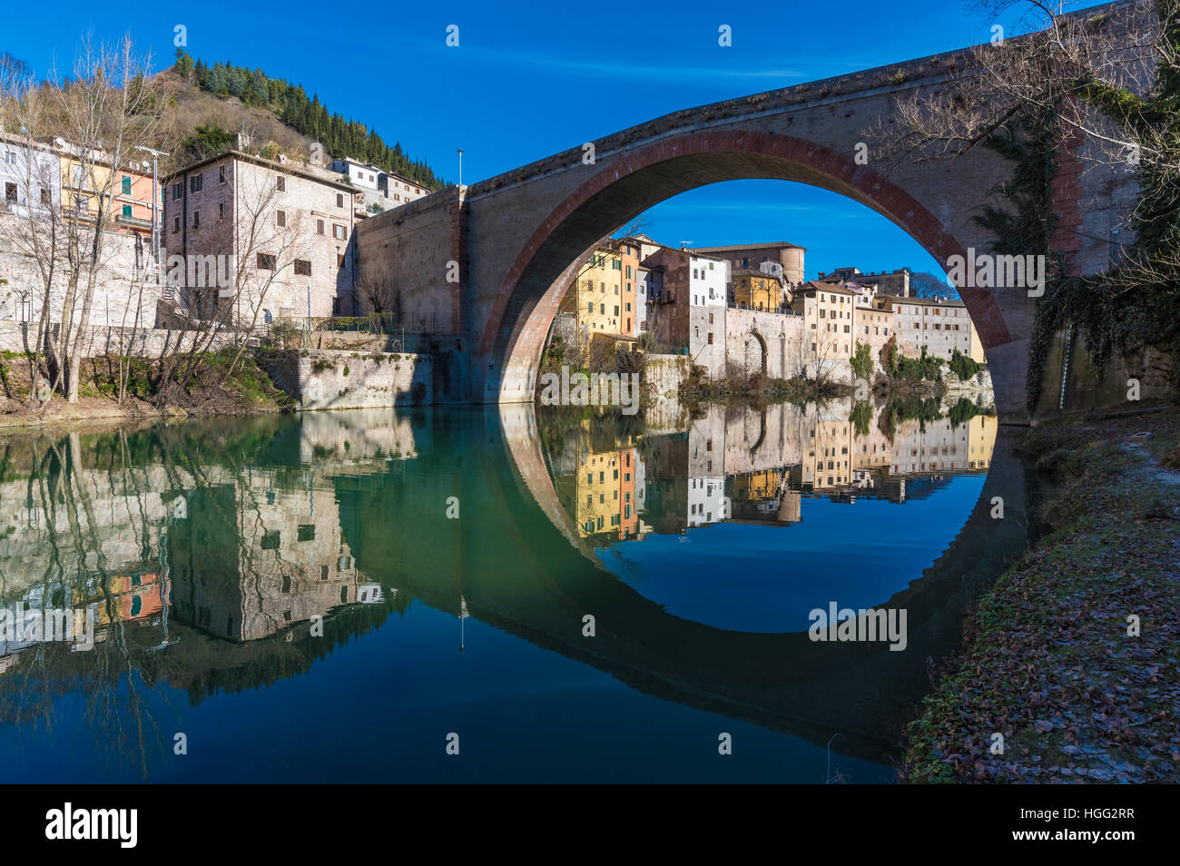 Fossombrone (Italy), a town with river bridge in Marche region with the ...