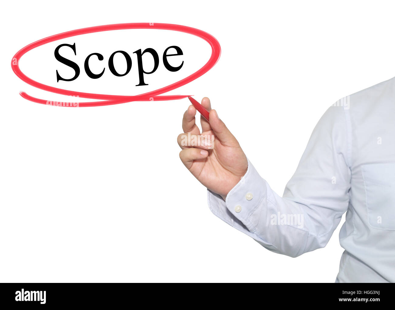 Hand of man write text Scope with black color isolated on white ...
