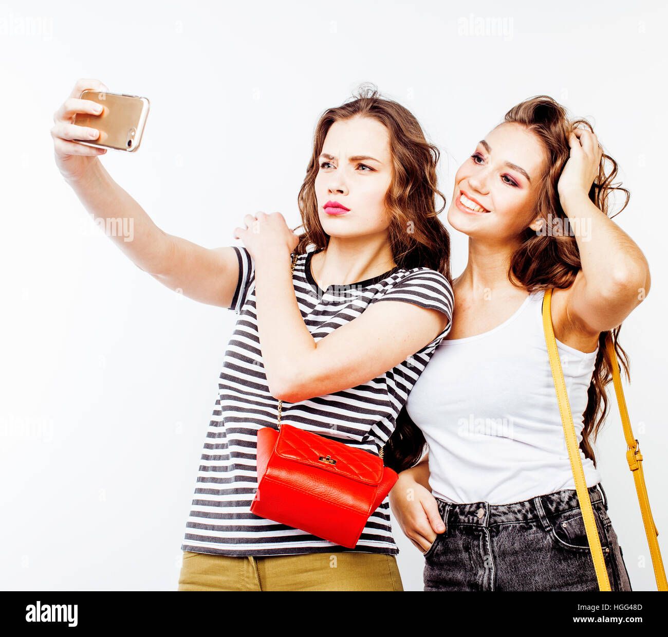two best friends teenage girls together having fun, posing emotional on ...