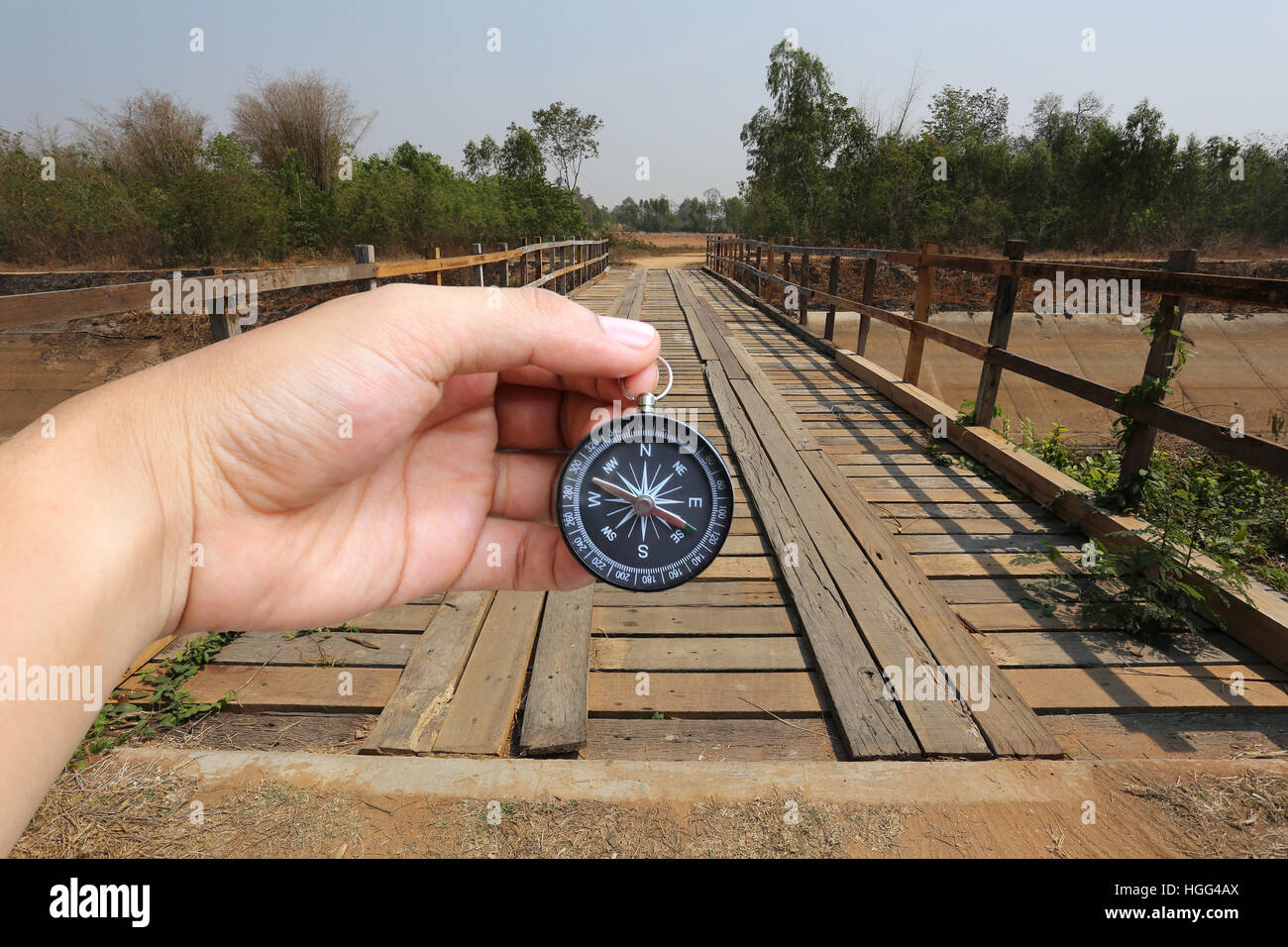 hand of a man holding a compass and wood bridge in the countryside,concept of journey or ...