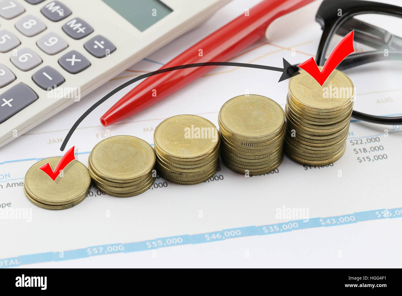 silver coin stack and arrow line and have red check mark in business ...