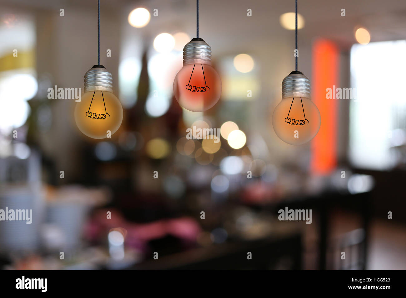 Vintage bulb lamps in a restaurant,concept of interior with lights ...