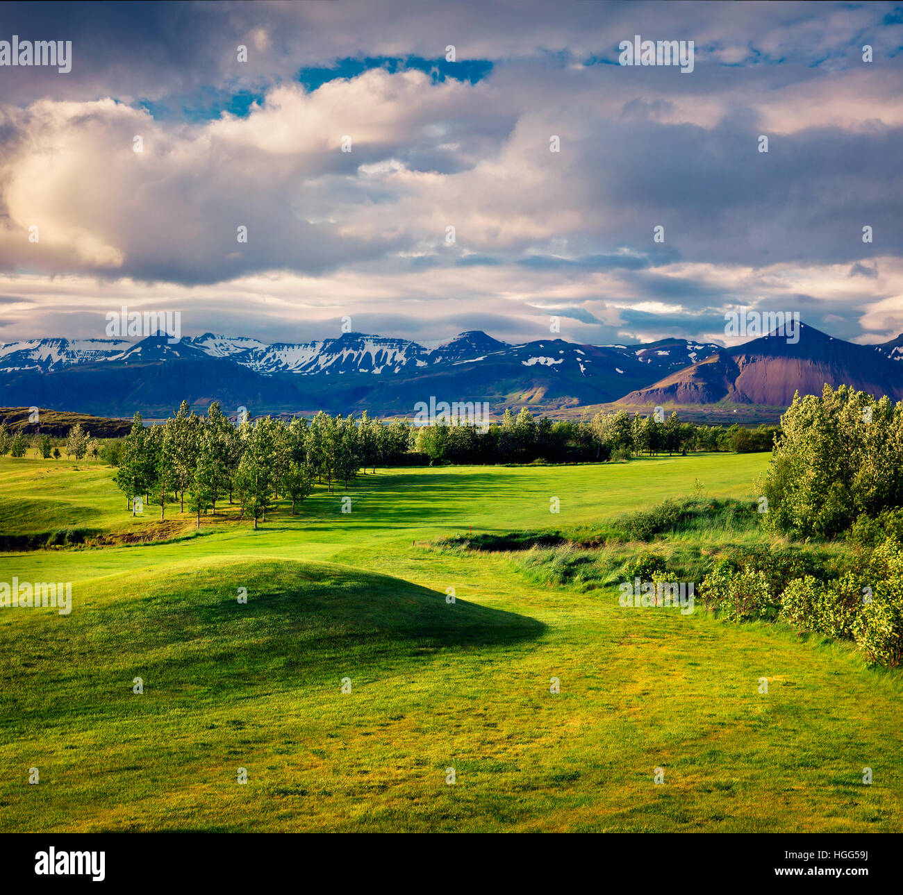 Colorful Icelandic landscape with field of green grass in the June ...