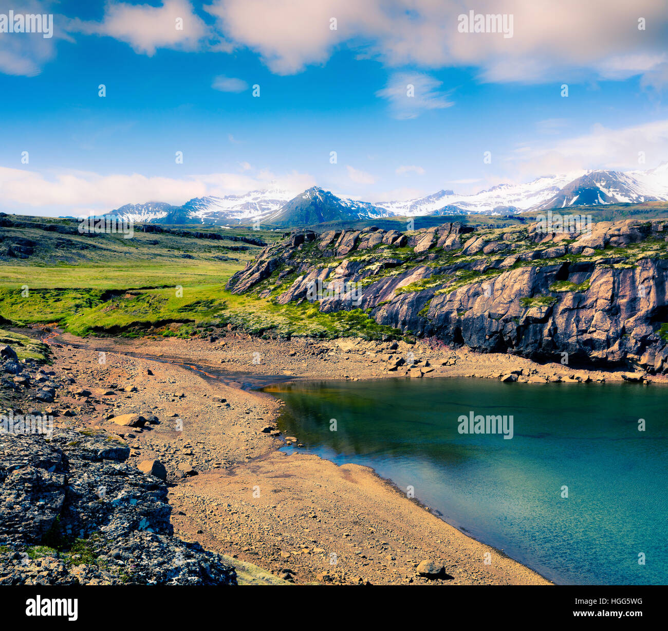 Typical Icelendic landscape with volcanic ground and pure water lakes ...