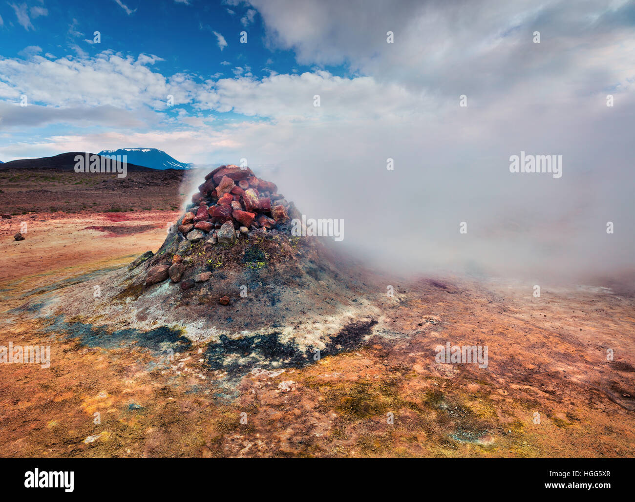 Steaming fumarole in geothermal valley Hverarond, located near ...