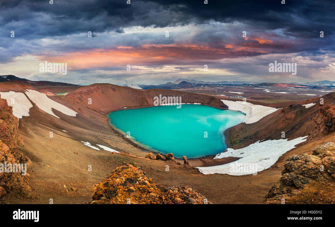 Colorful summer scene with crater pool of Krafla volcano. Dramatic ...