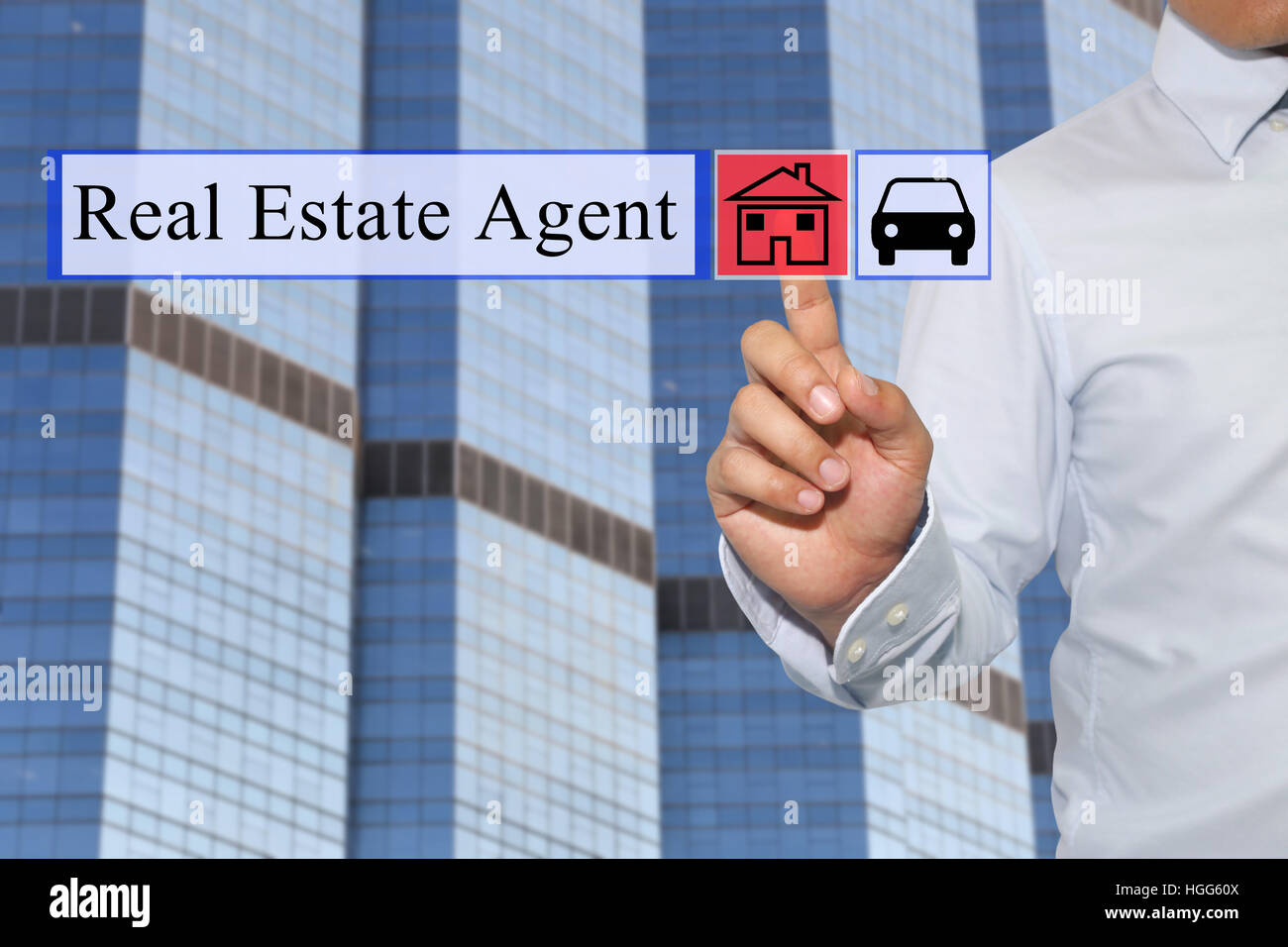 Finger of Businessman touch to red button and text in Real Estate Agent ...