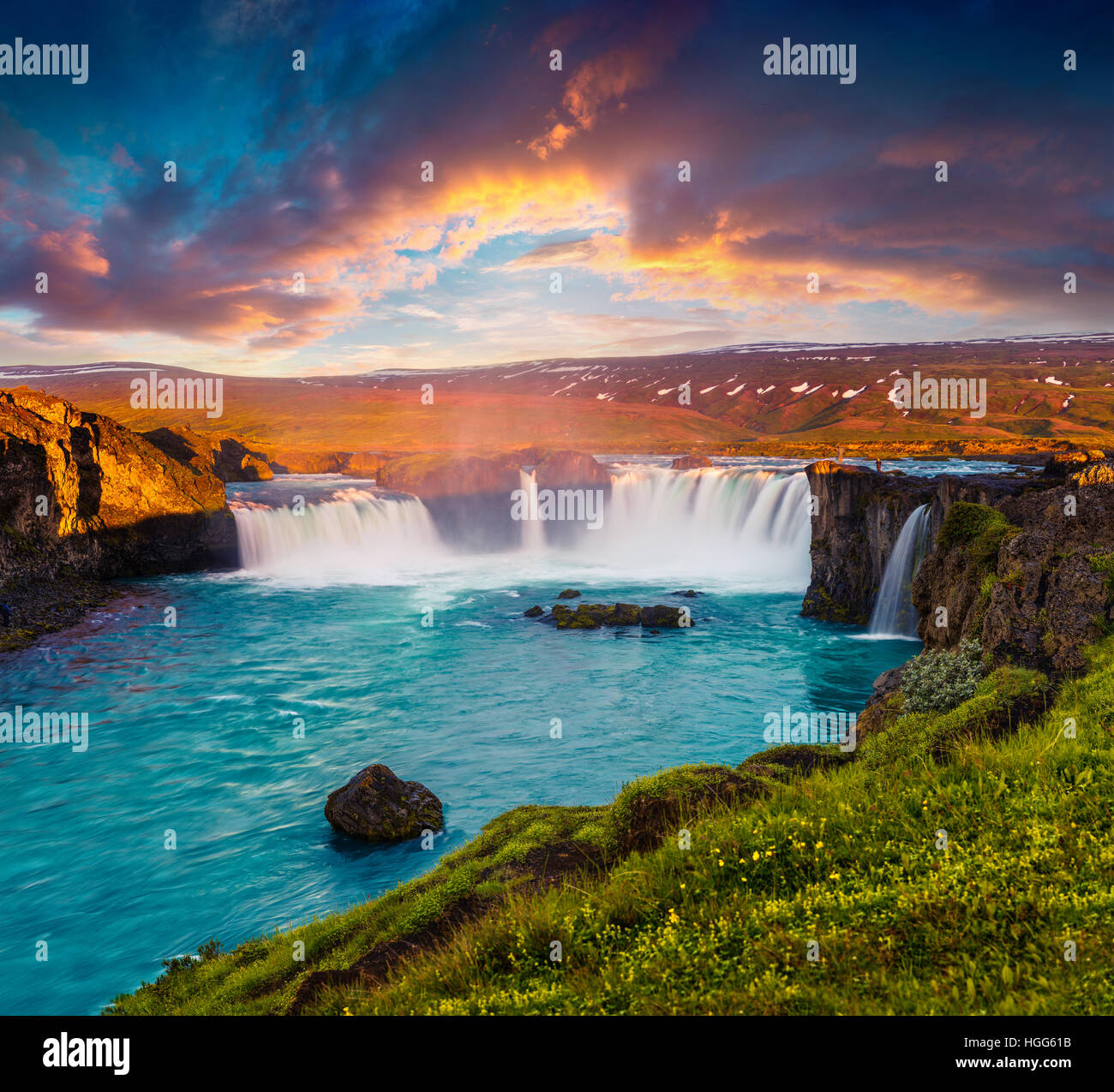 Summer morning scene on the Godafoss Waterfall. Colorful sunrise on the ...