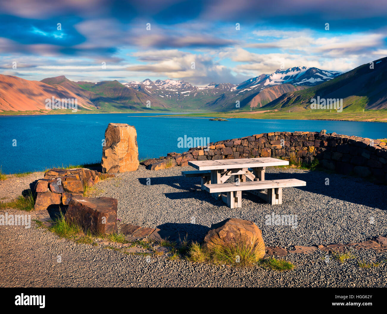 Resting place in the beautiful Icelandic fjords. Colorful summer ...