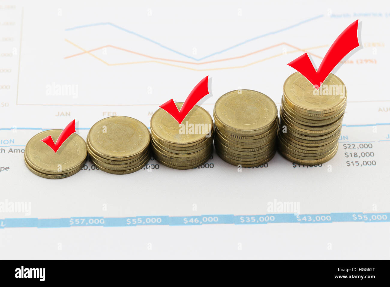 Red check mark on gold coins,concept of investment and profit in the ...