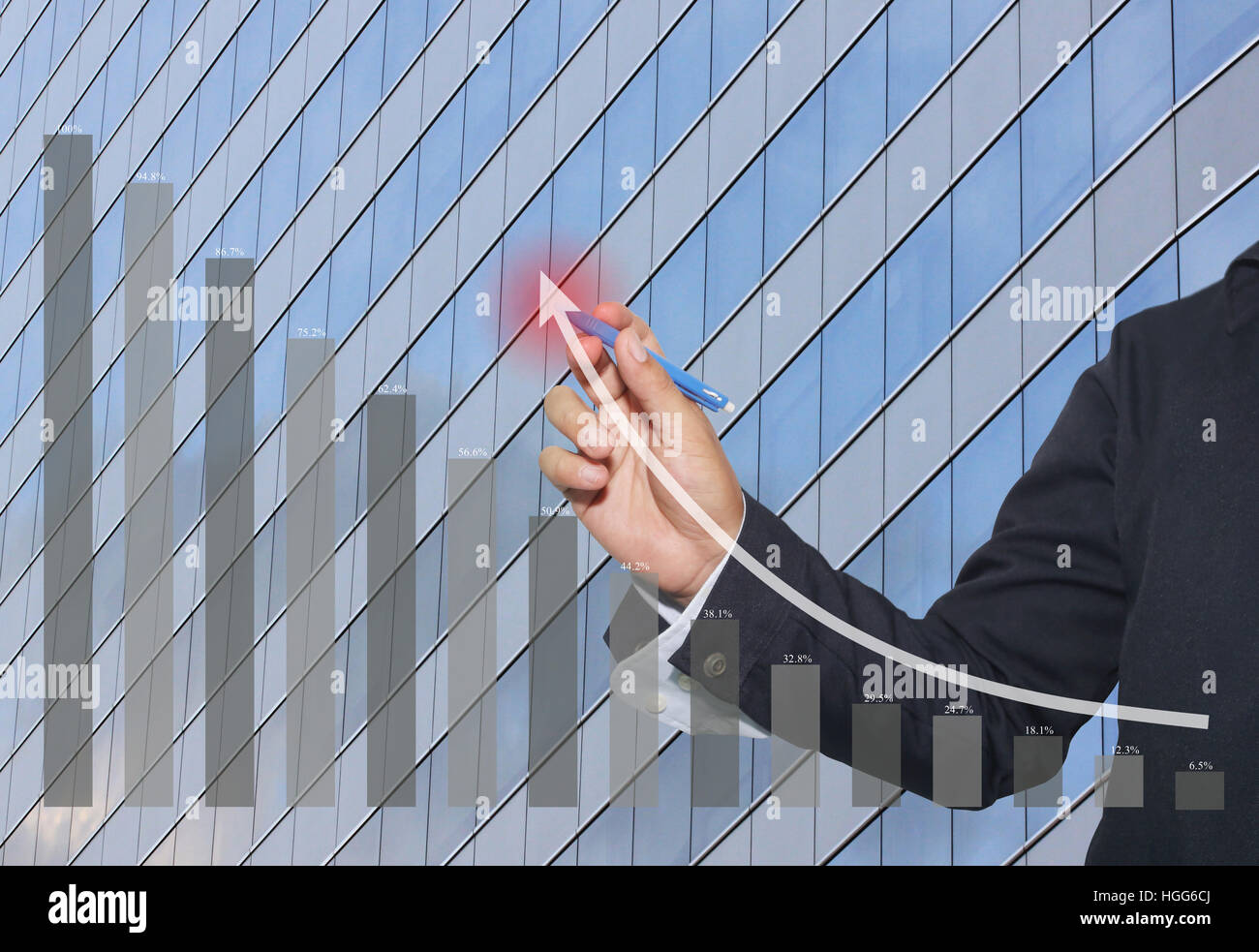 Hand of businessman use a blue pen point to top grow graph in concept ...