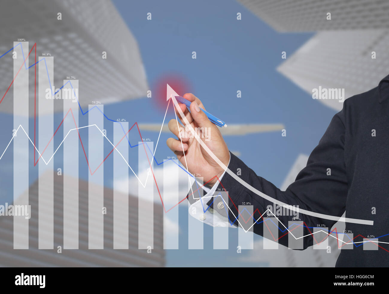 Hand of businessman use a blue pen point to top grow graph in concept ...