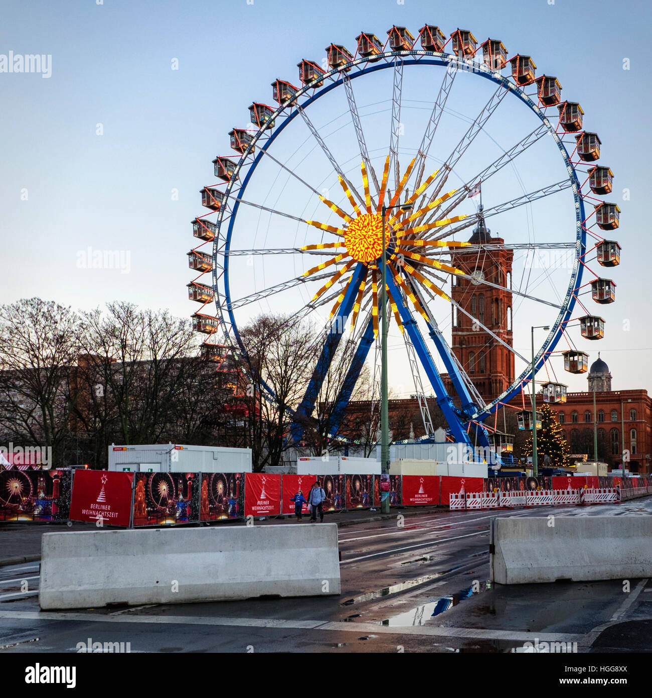 Berlin, Mitte.Alexanderplatz. Concrete block barricade street in front ...