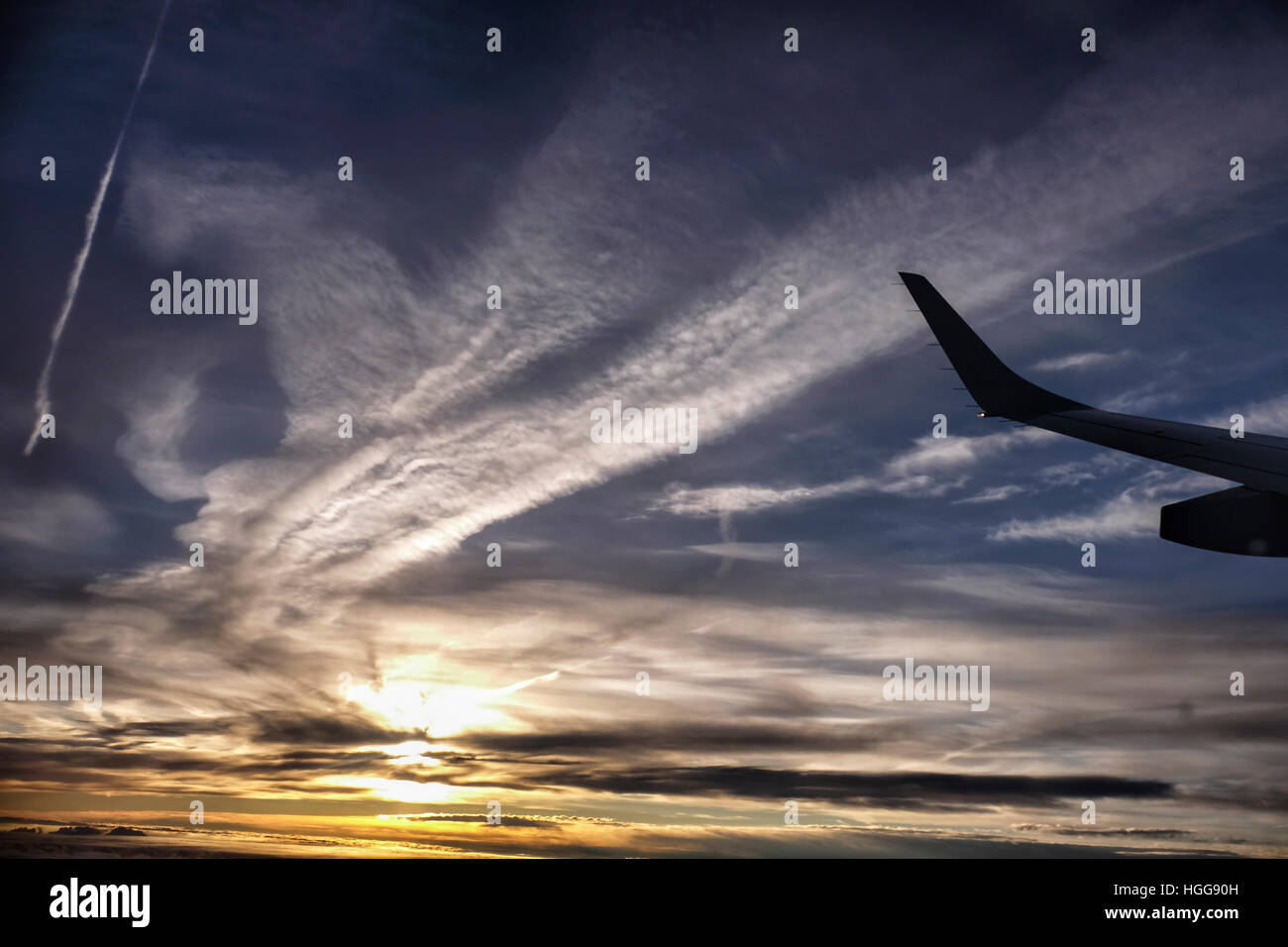 Sunrise, sun rising, golden sky, dawn, view from plane, airplane Stock ...