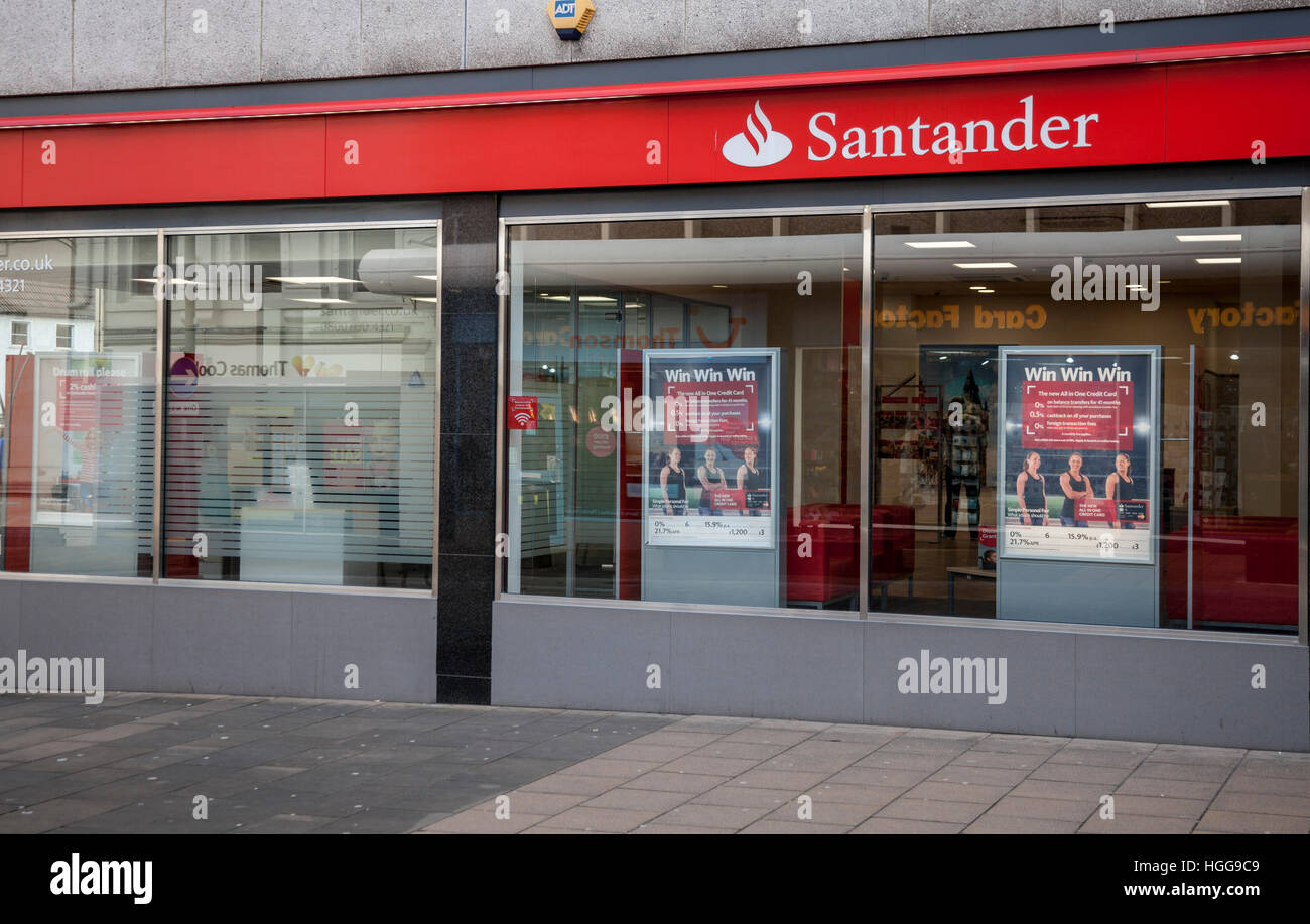 Exterior of Santander bank branch at Darlington in north east England ...
