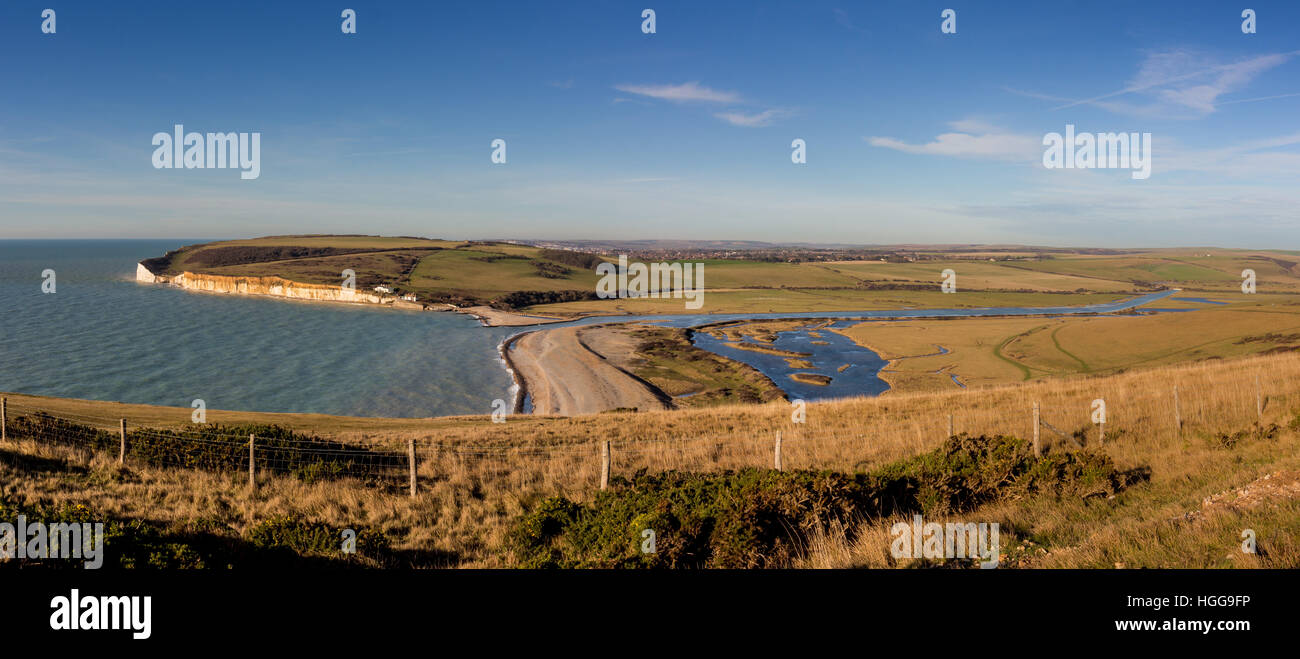 Panoramic view of the Cuckmere Valley from the South Downs Way on the ...