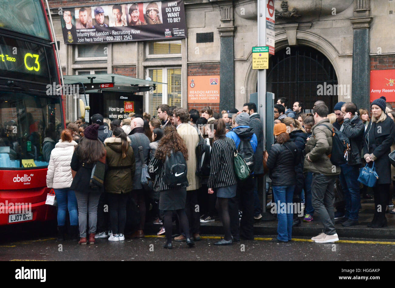 London, UK. 09th Jan, 2017. Bus queue outside Clapham Junction Station ...