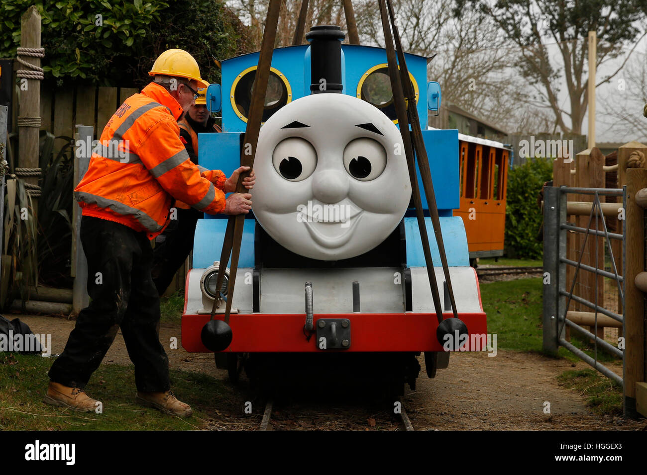 Eastbourne, UK. 9th January, 2017. Thomas the Tank Engine is lifted ...