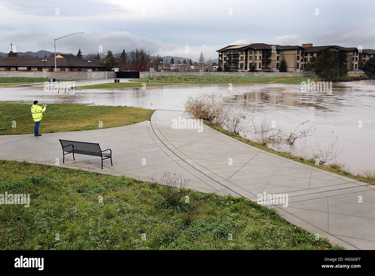 Napa, CA, USA. 9th Jan, 2017. Water from the swollen Napa River ...