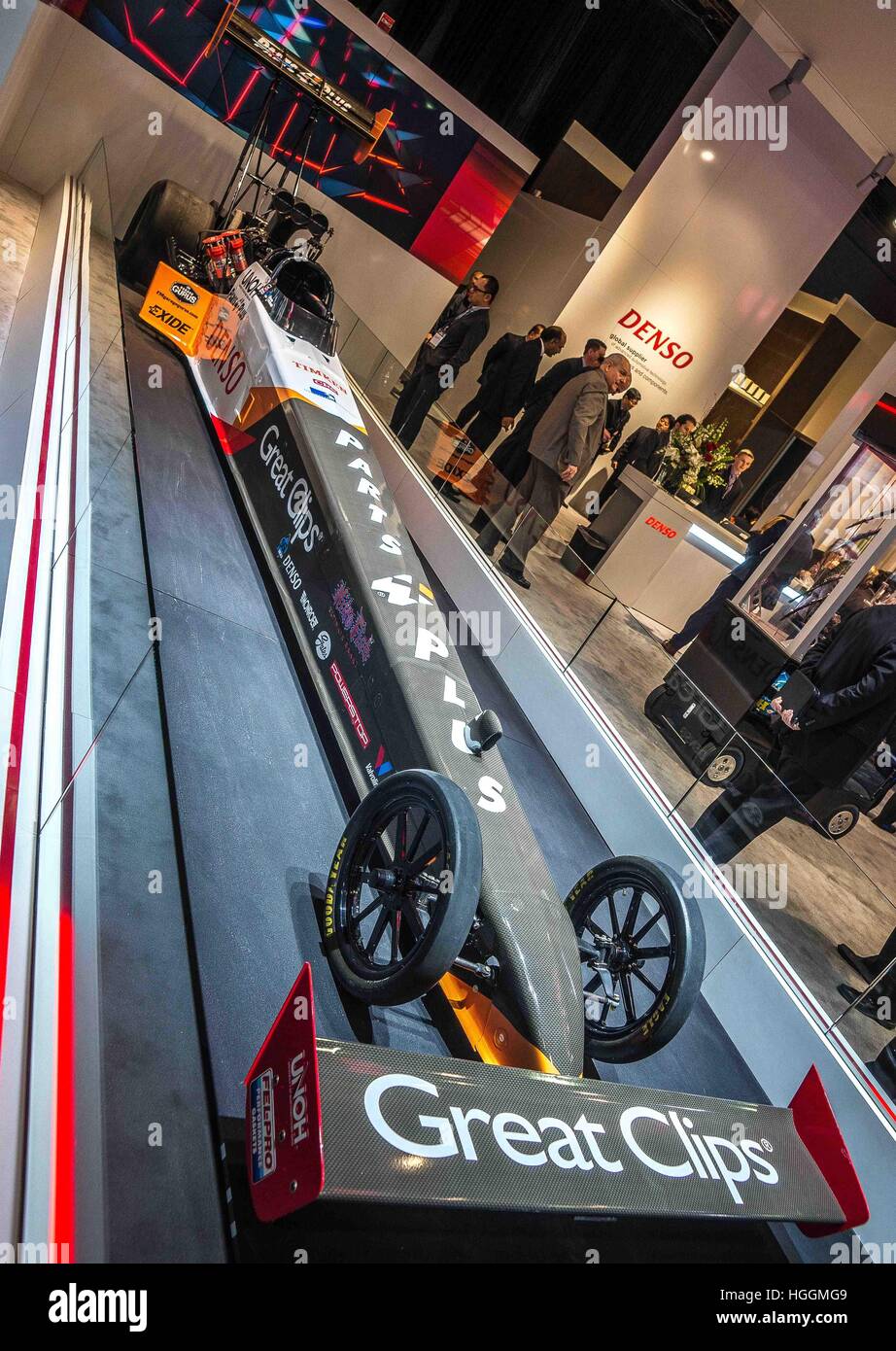 Detroit, USA. 9th Jan, 2017. DENSO shows off the GREAT CLIPS racing car ...