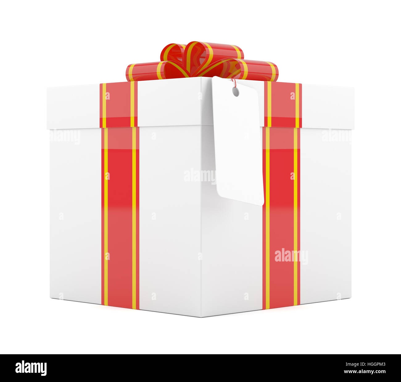 Gift box with red ribbon bow and label Stock Photo - Alamy