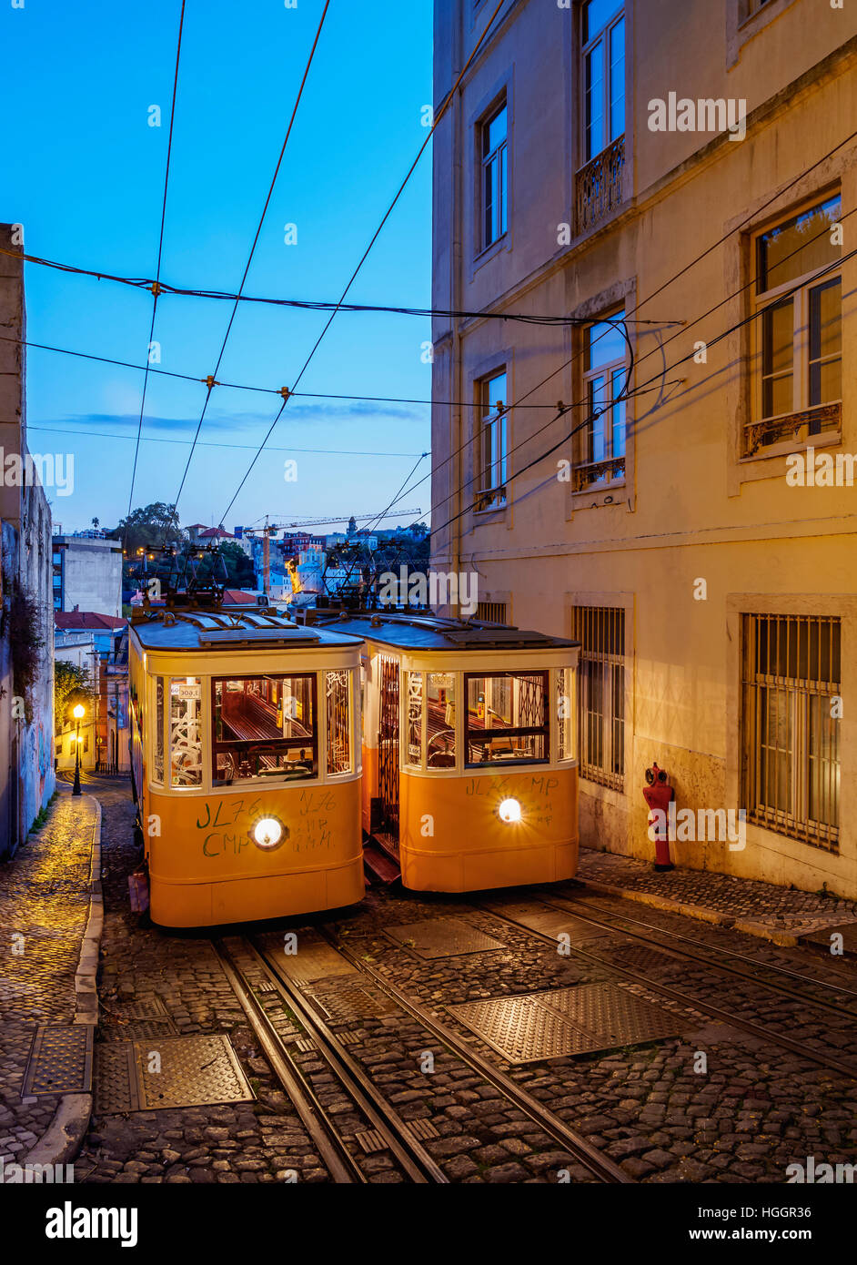 Portugal, Lisbon, Twilight view of the Gloria Funicular Stock Photo - Alamy