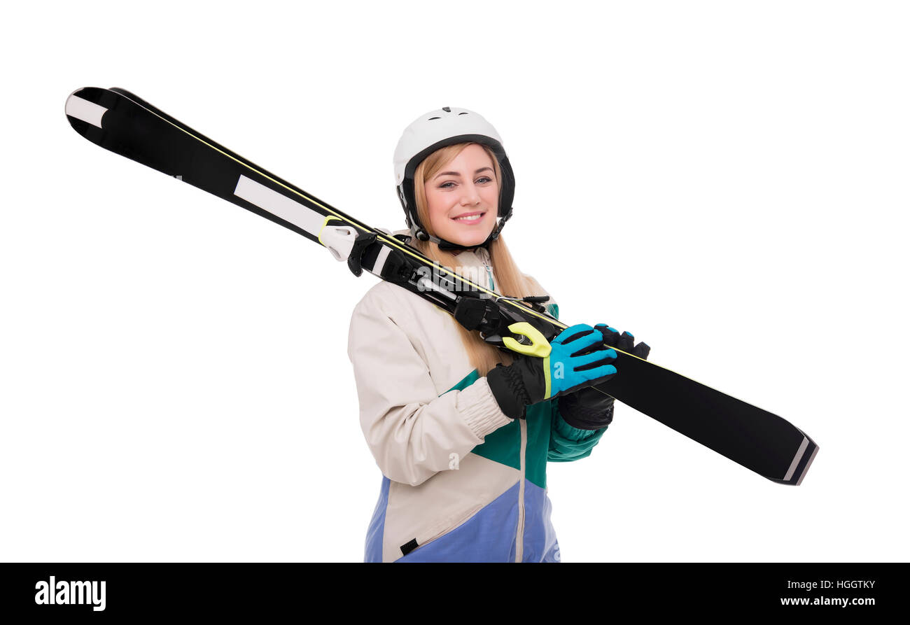 Attractive girl skier on white background Stock Photo - Alamy