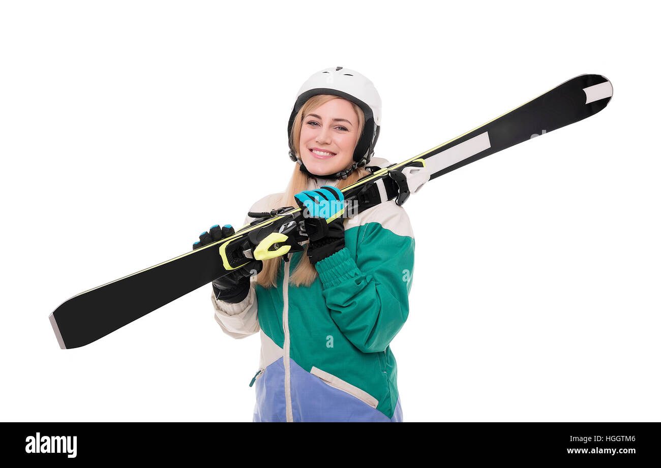 Attractive girl skier on white background Stock Photo - Alamy