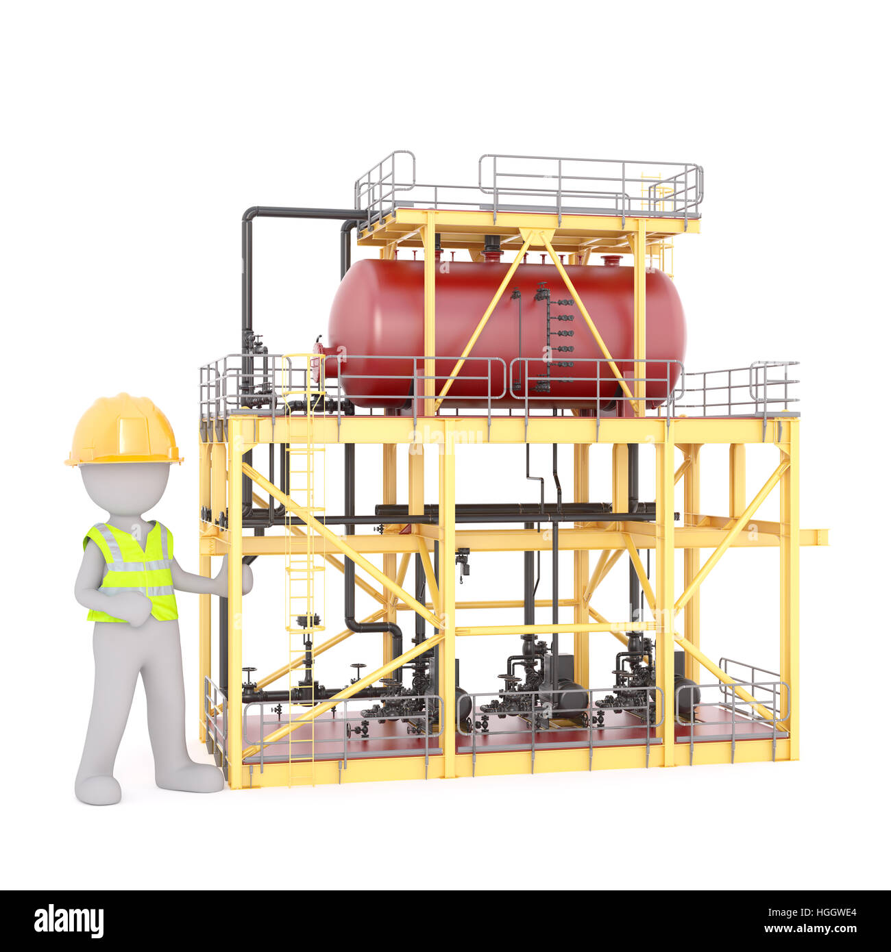 3d toon worker in hard hat next to factory appliance power unit ...