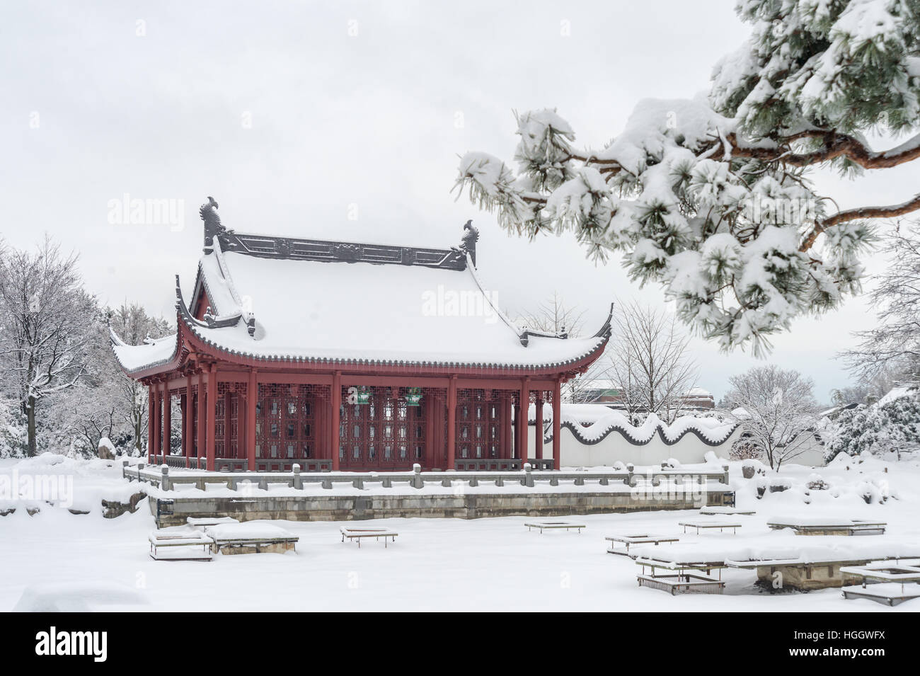 Montreal, CA - 4 January 2017: Chinese pagoda covered in snow at the ...
