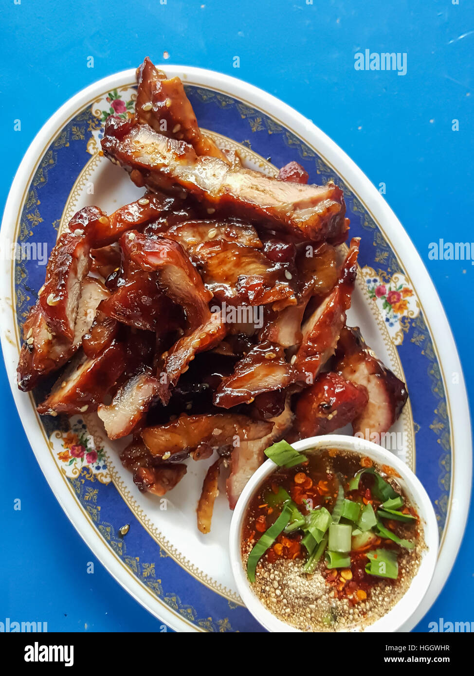 Thai food delicious:Grilled pork with spicy sauce"Kor Moo Yang with Nam ...