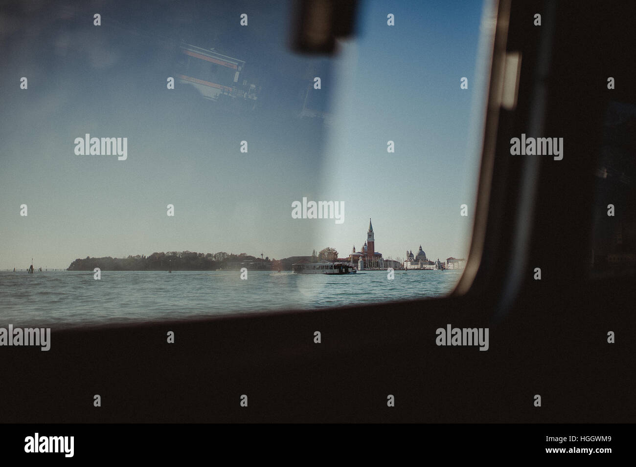 A Venice skyline photographed out of the window of a boat in Venice ...