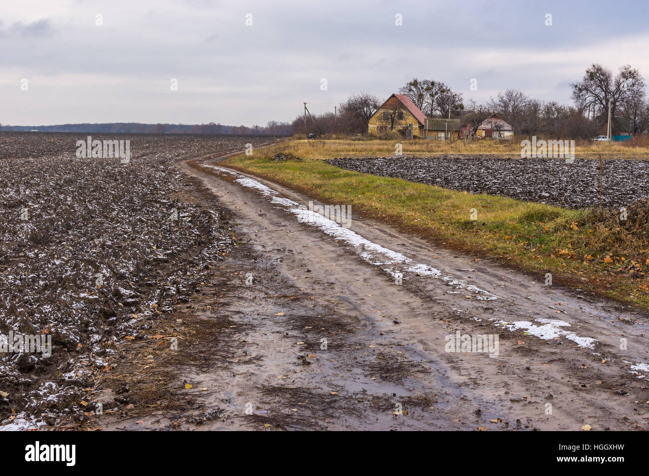 Autumnal rural landscape with an earth road leading to remote Ukrainian ...