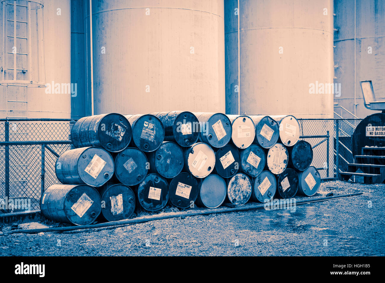 Fuel barrels stacked up in front of tanks in Sitka, Alaska, USA Stock ...