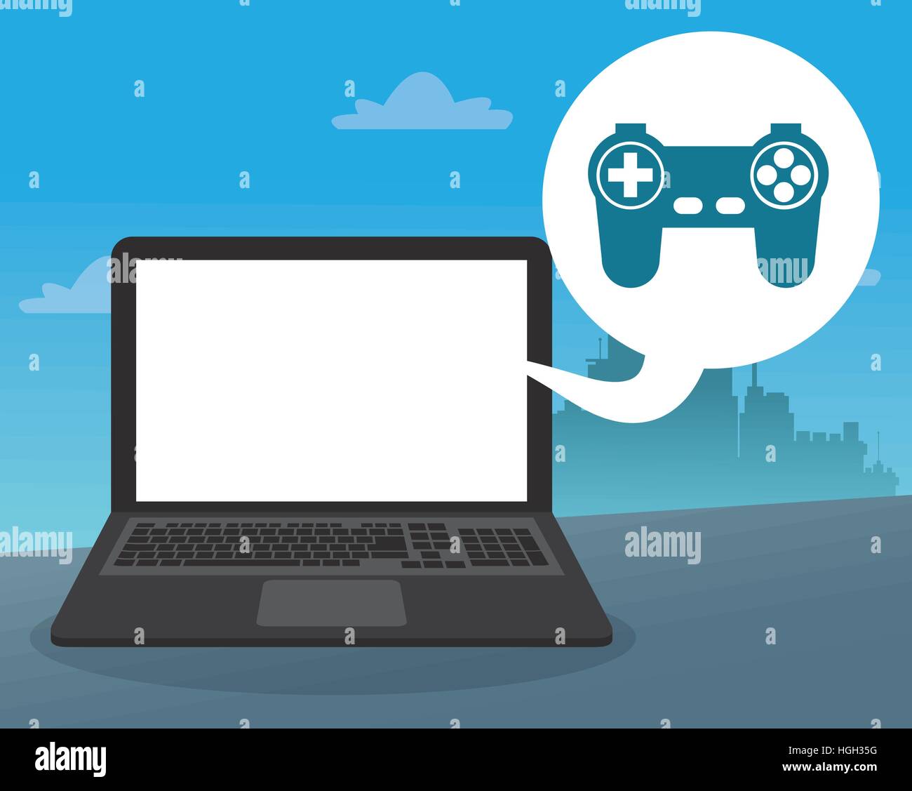 laptop console control bubble social media city background Stock Vector ...