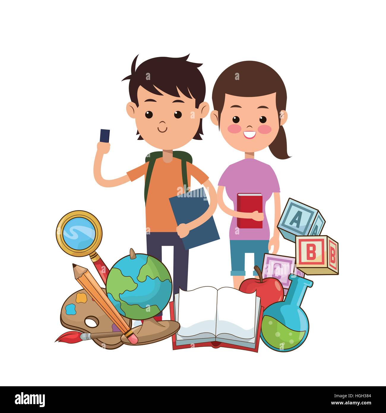 Cartoon girl book pencil Cut Out Stock Images & Pictures - Alamy