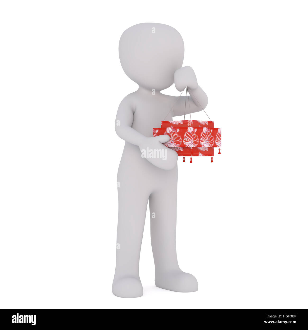 3D animated faceless grey cartoon character standing and holding red ...