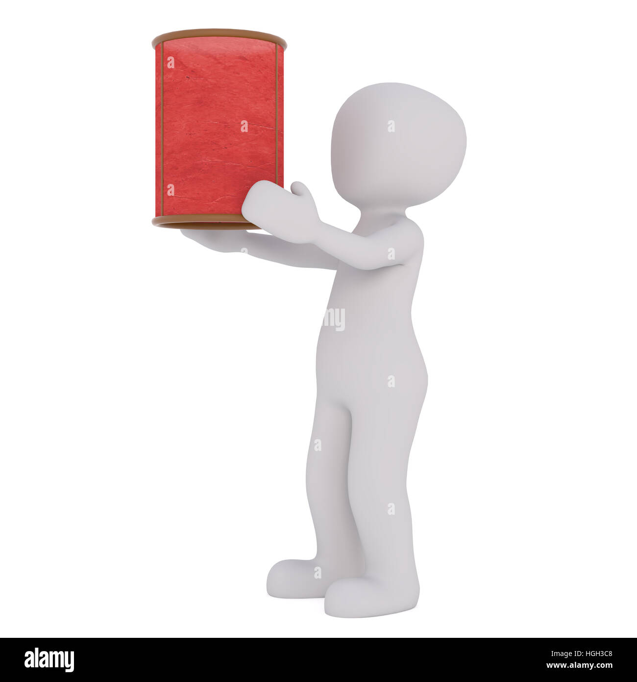 Faceless grey cartoon character holding up high empty red cylinder ...