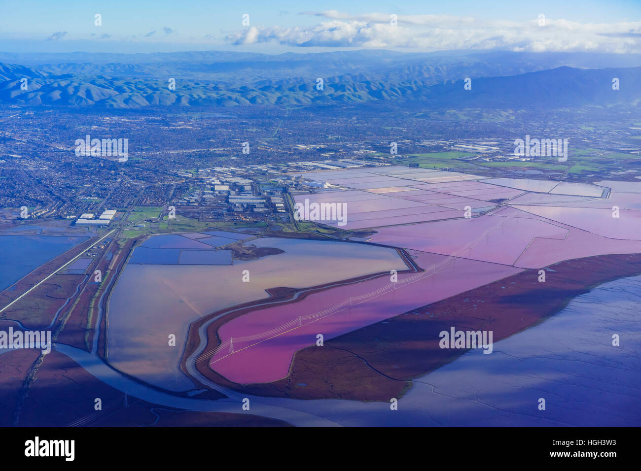 Aerial view of special colorful salt ponds of Newark, California Stock ...